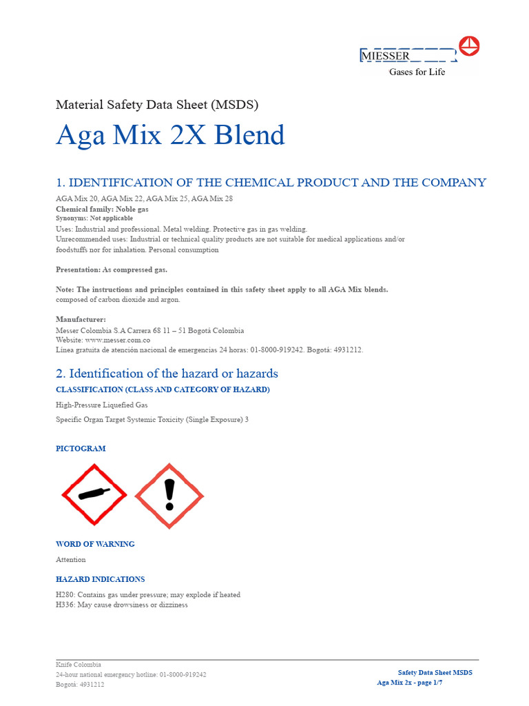 Safety Data Sheet Msds Aga Mix 2x | PDF | Carbon Dioxide | Gases