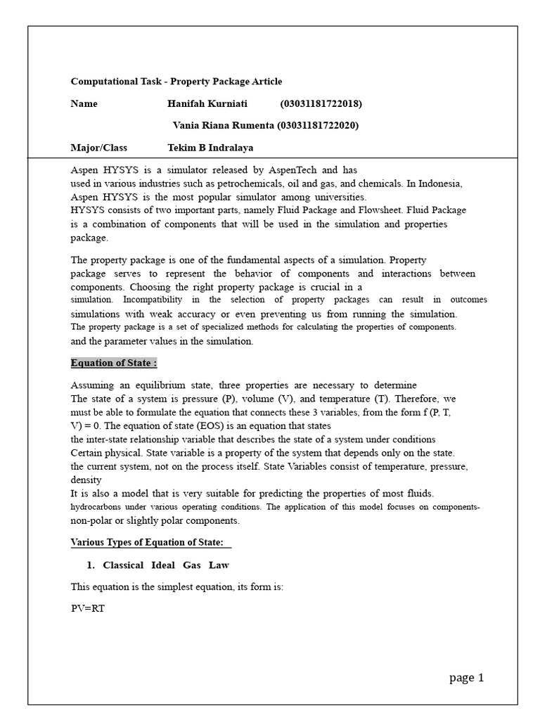 Paper Fluid Package HYSYS | PDF | Mechanical Engineering | Physical ...