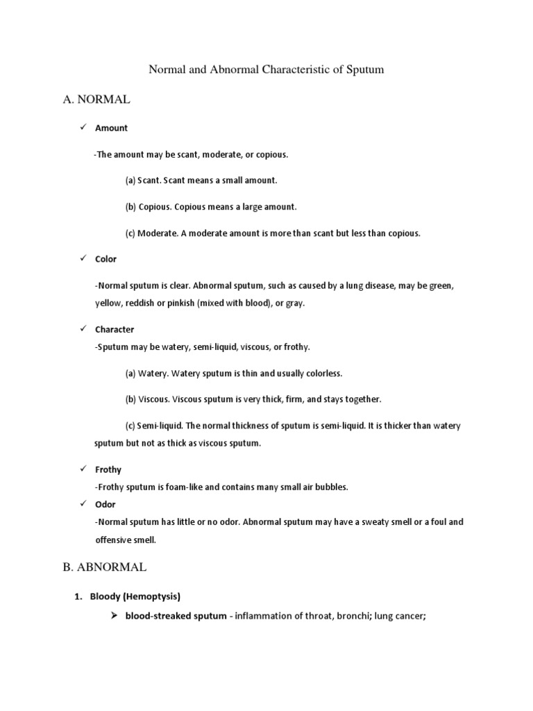 Normal and Abnormal Characteristic of Sputum | PDF | Lung | Respiratory ...