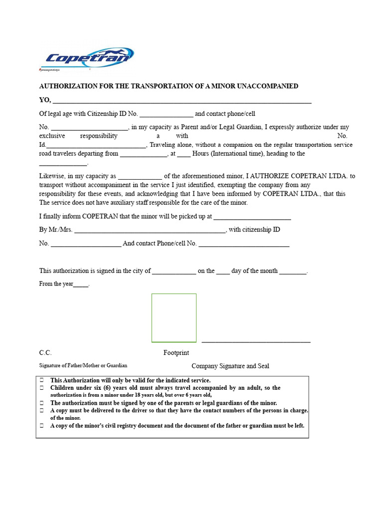 Minor Transportation Authorization Form | PDF