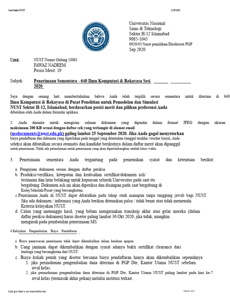 Surat Seleksi NUST | PDF