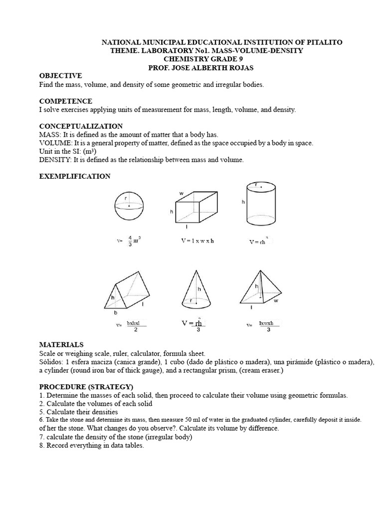 Mass, Volume, and Density Lab Guide | PDF | Density | Volume