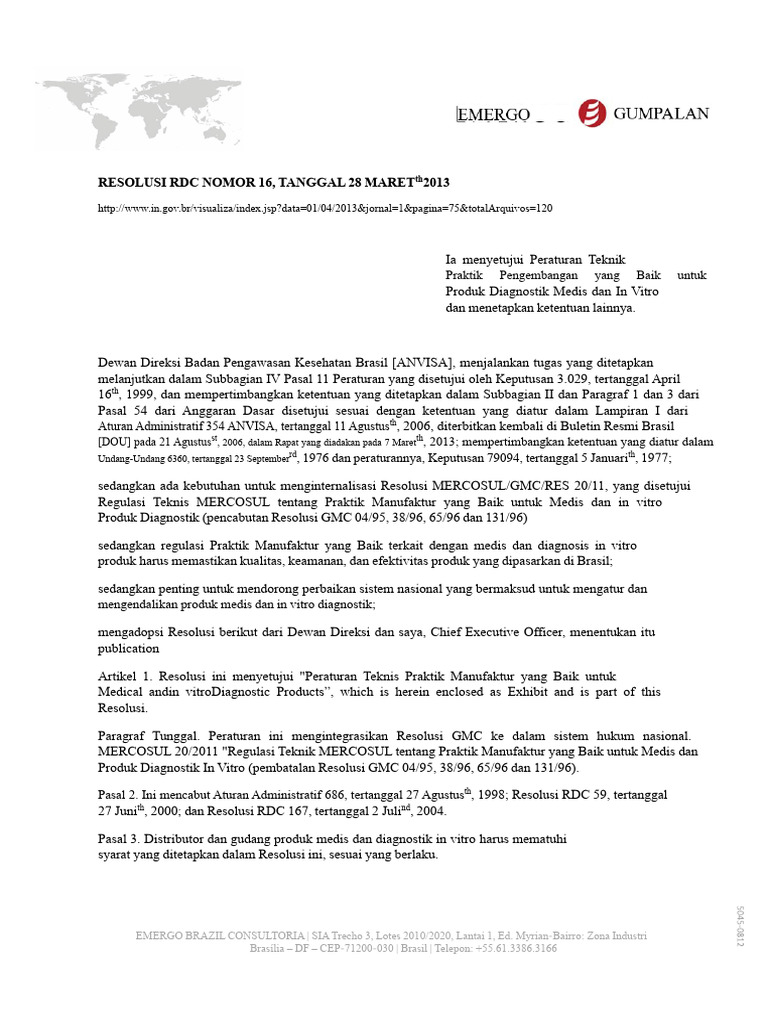 Brazil RDC 16 2013 GMP Requirements Id | PDF
