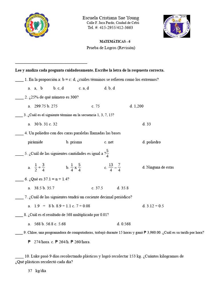Prueba de Matemáticas 6: Escuela Sae Young | PDF
