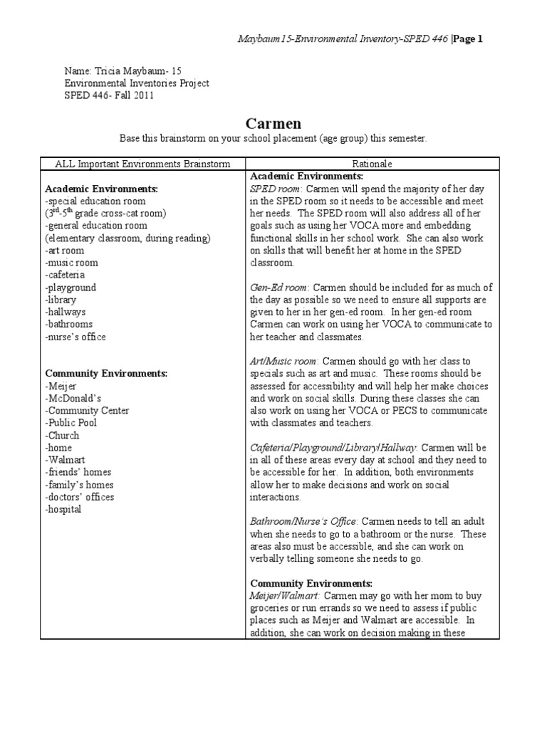 Ecological Inventory for SPED Environments | PDF | Classroom | Special ...