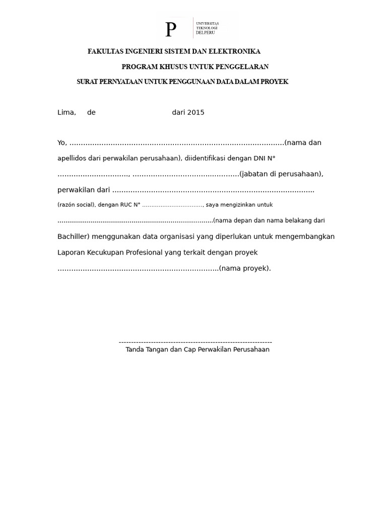 Surat Otorisasi Penggunaan Data Proyek | PDF