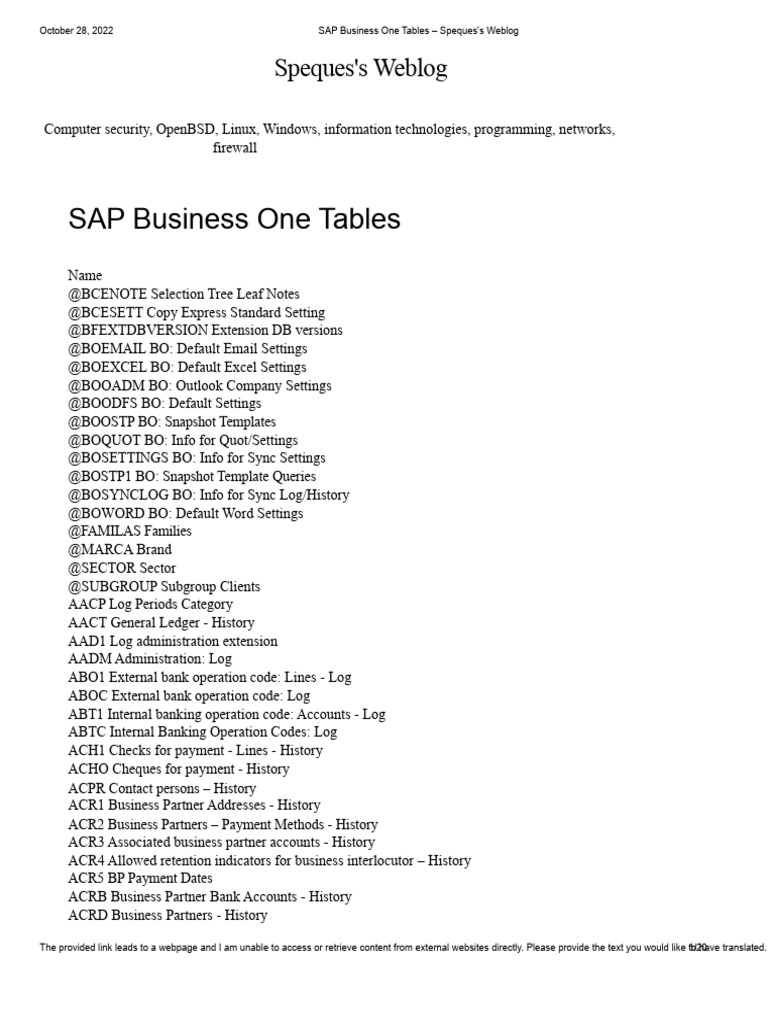 SAP Business One Tables - Speques's Weblog | PDF | Receipt | Invoice
