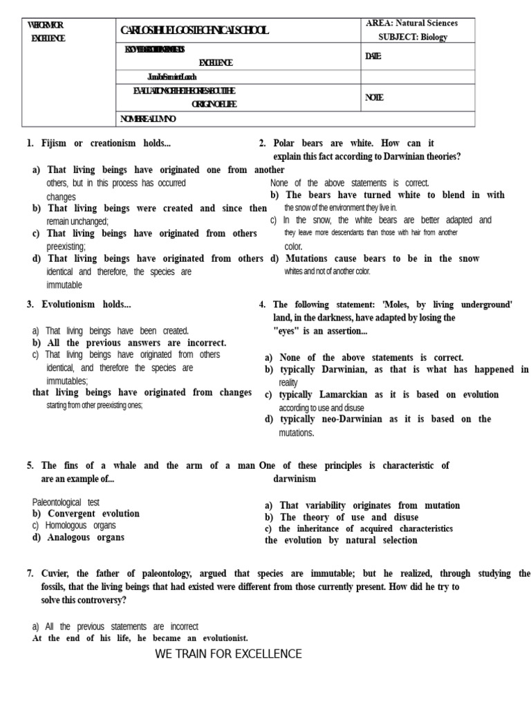 Evaluation of Evolutionary Theories Ninth Grade 2 | PDF | Evolution ...