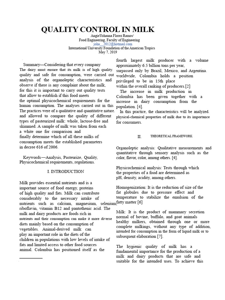 Milk Quality Control Analysis | PDF | Milk | Nutrients