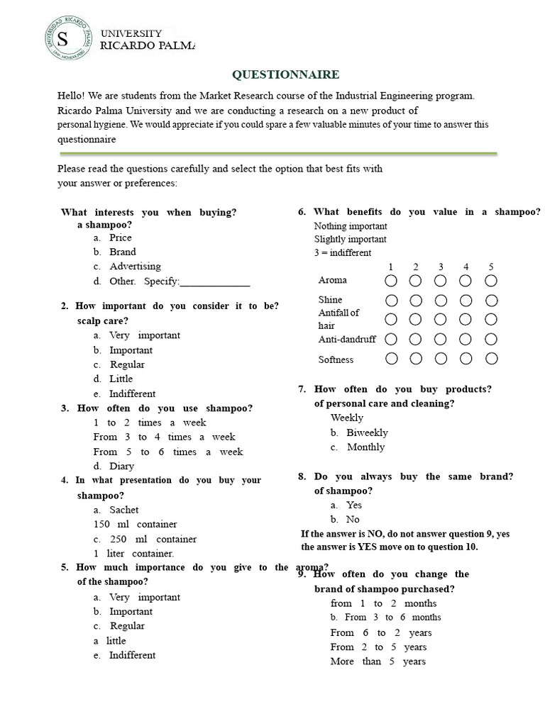 Questionnaire and Matrix - Bar Shampoo | PDF | Odor | Marketing