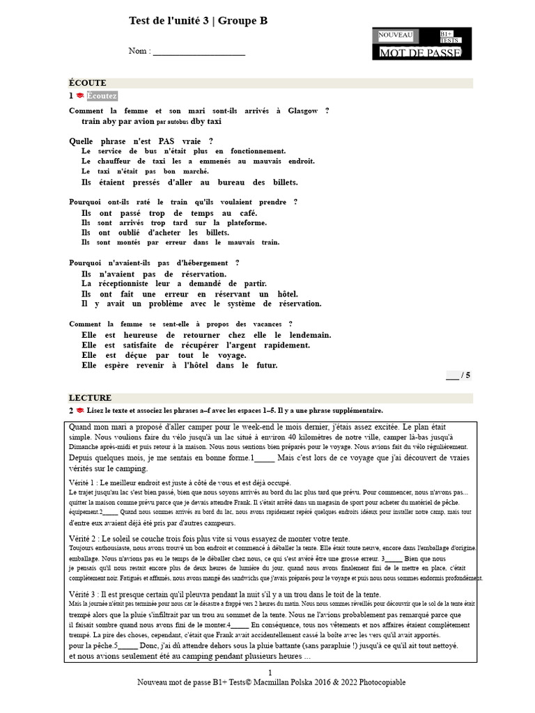 Test de l'unité 3 : Écoute et lecture | PDF