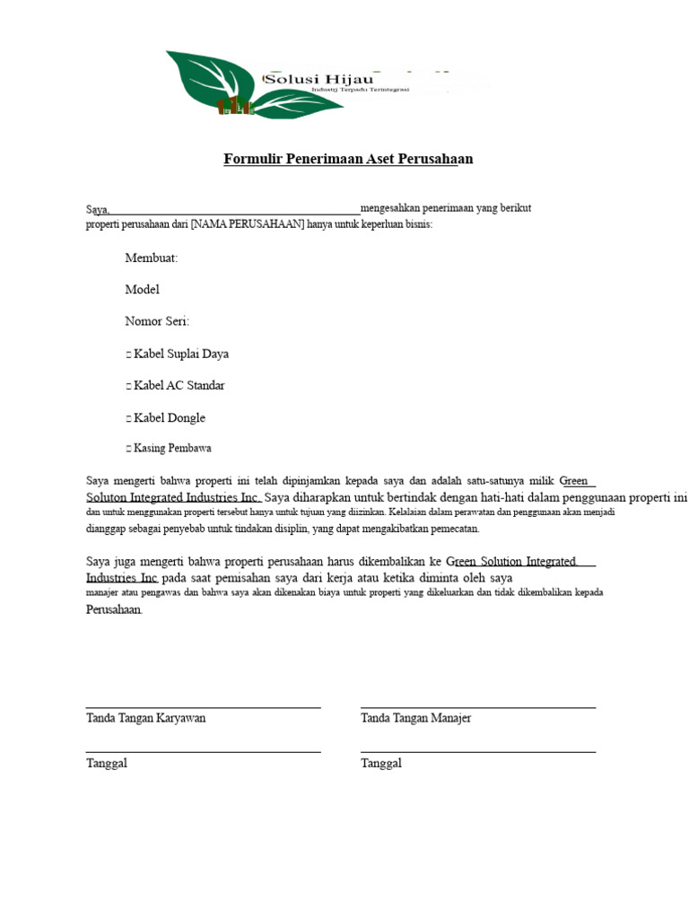 Formulir Penerimaan Aset Perusahaan | PDF