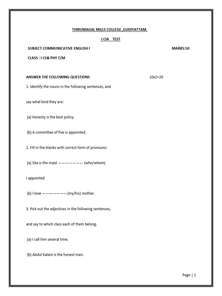 I CIA Test 50 Marks - Communicative English PDF | PDF | Languages ...