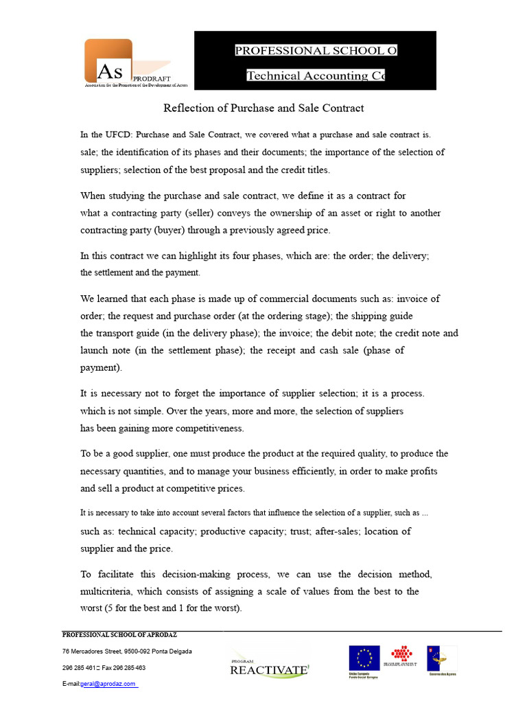 Reflection On The Purchase and Sale Agreement | PDF | Invoice | Prices