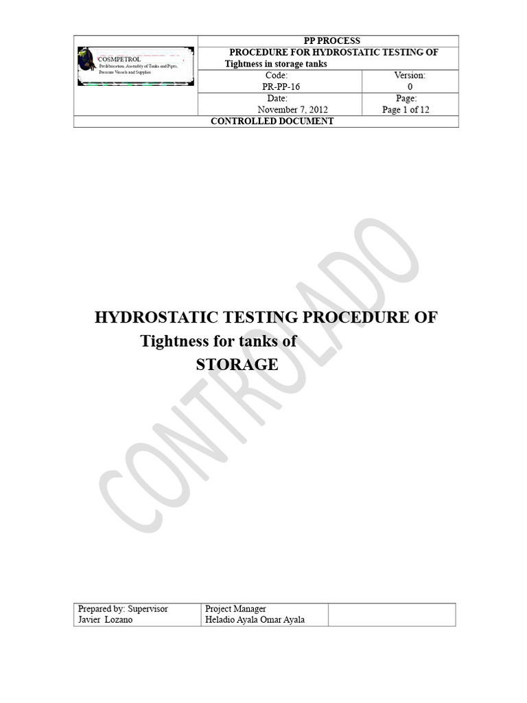 Hydrostatic Testing Procedure for Tanks | PDF | Occupational Safety And ...
