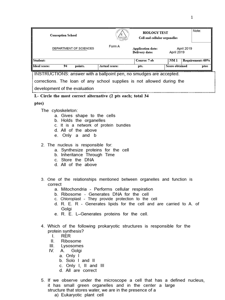 Cell and Organelles Test 7th Grade | PDF | Cell (Biology) | Eukaryotes