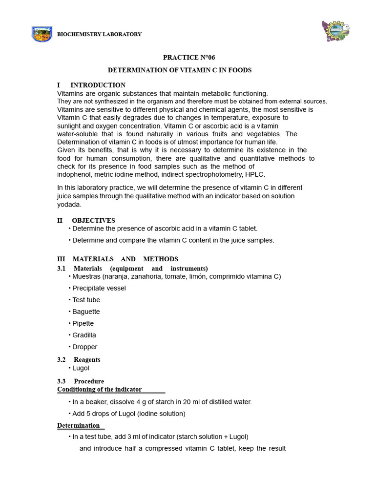 Practice N°6 Determination of Vitamin C in Foods | PDF | Vitamin C ...