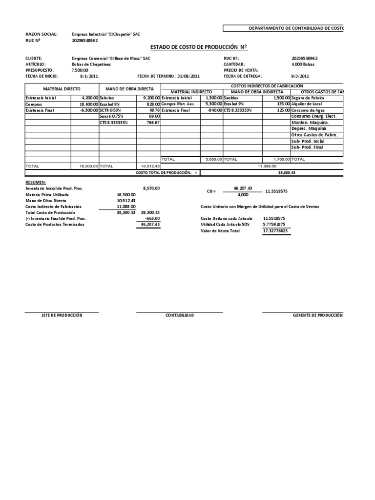 Formatos Hoja de Costos