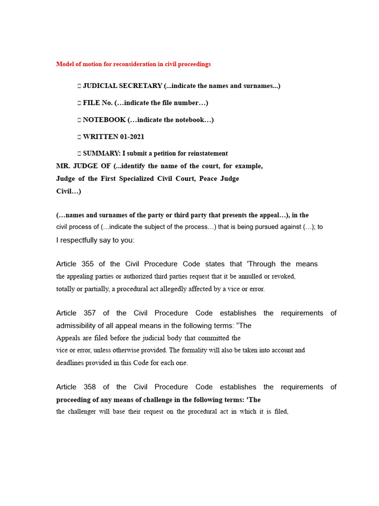 Civil Motion for Reconsideration Template | PDF | Appeal | Political Law