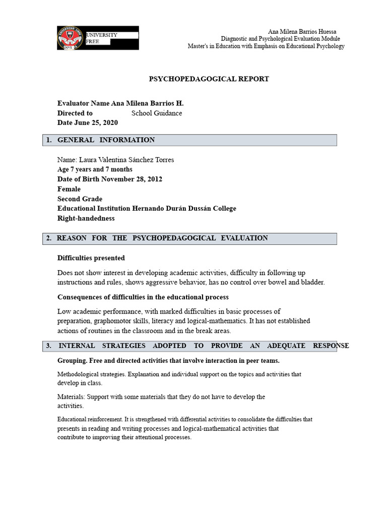 Psychopedagogical Report. Example | PDF | Educational Psychology ...