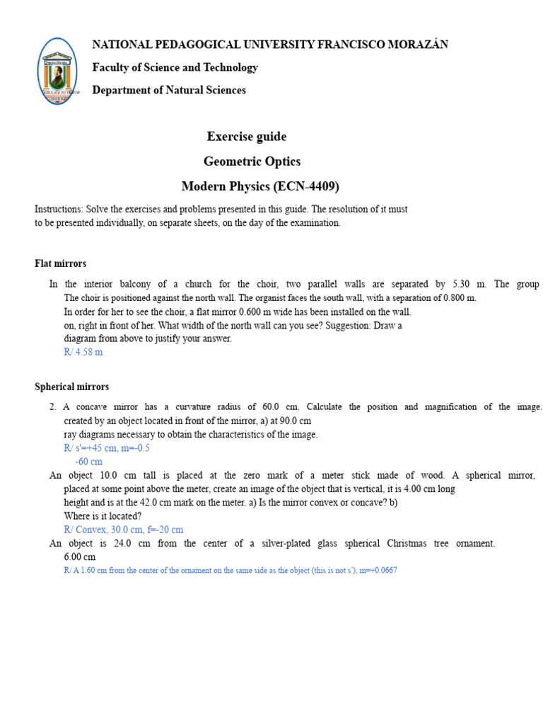 Geometric Optics Exercise Guide | PDF | Light | Optics