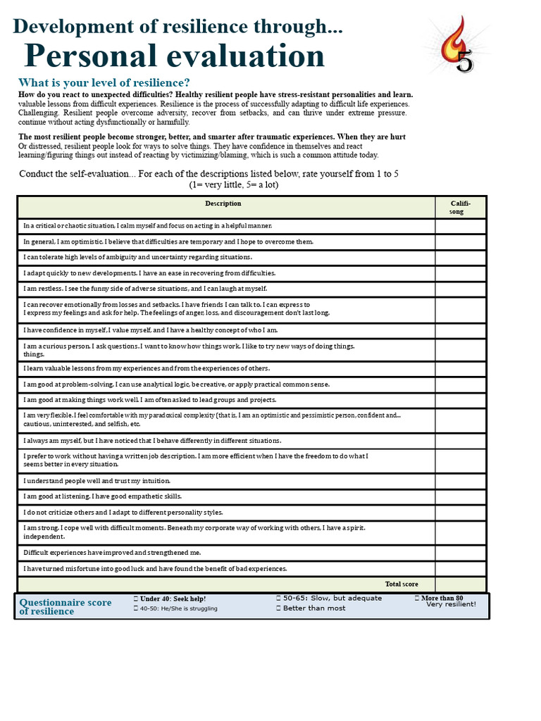 Resilience Self-Evaluation Guide | PDF | Psychological Resilience ...