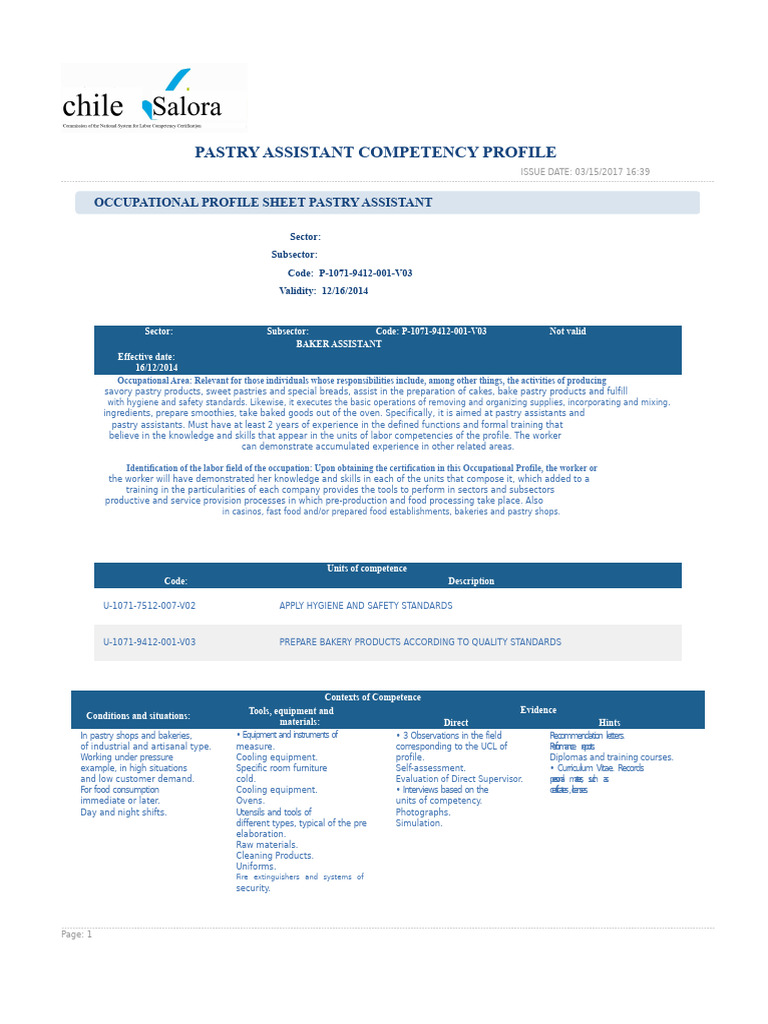 Baker Assistant Competency Profile PDF | PDF | Hygiene | Occupational ...