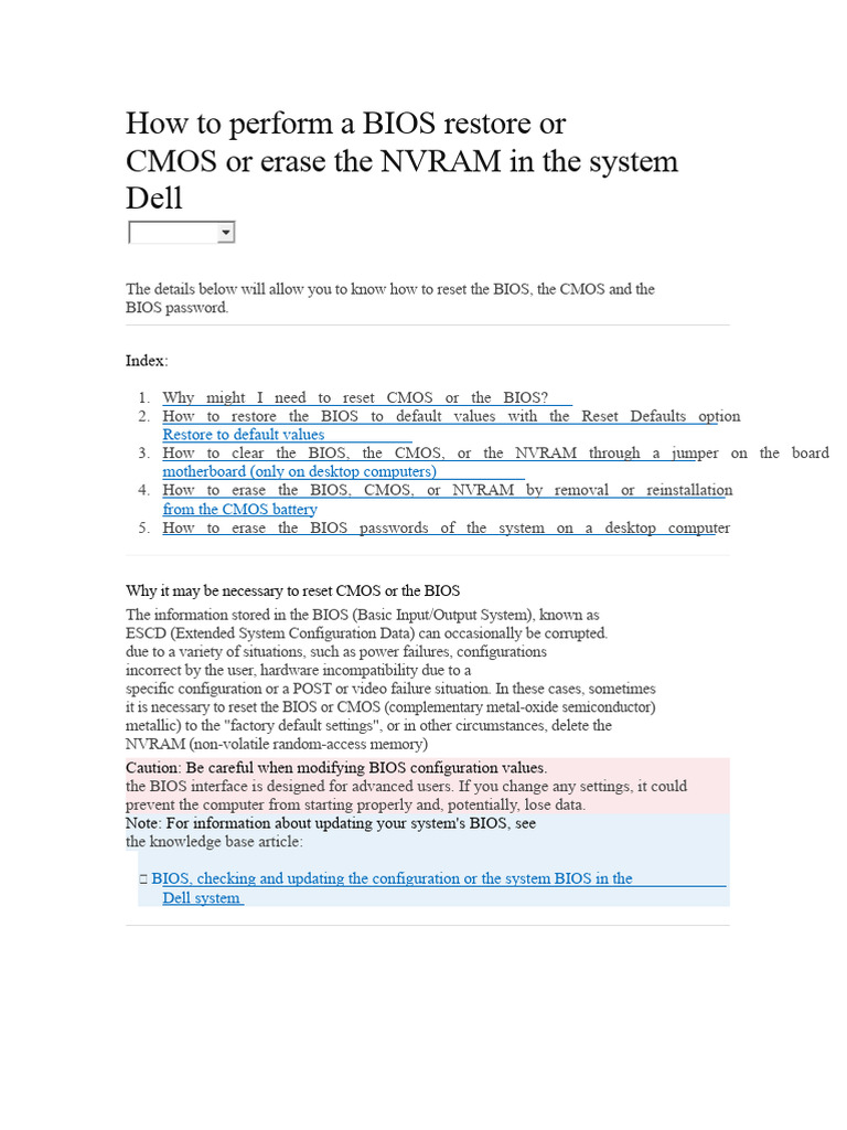 Resetting BIOS and CMOS on Dell Systems | PDF | Bios | Electrical Connector