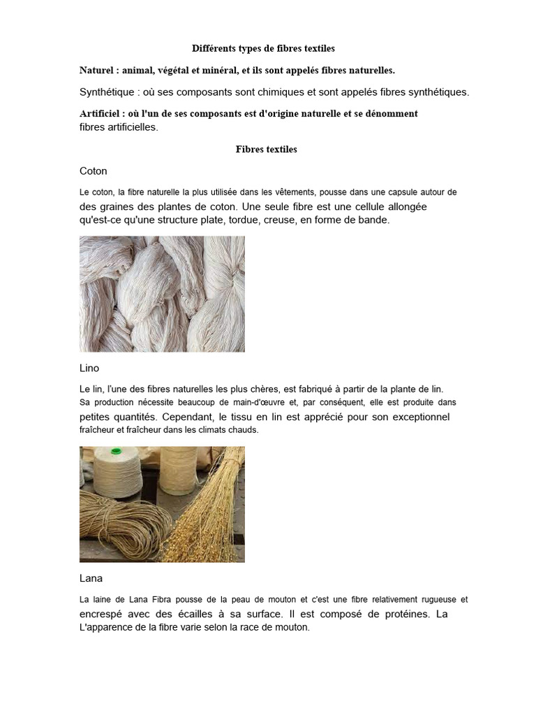 Types de fibres textiles : naturelles et synthétiques | PDF | Les ...