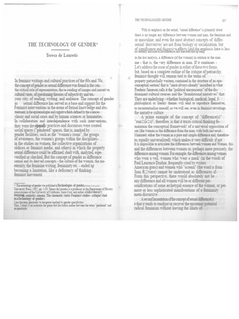 Technologies of Gender Explored | PDF | Feminism | Gender Studies