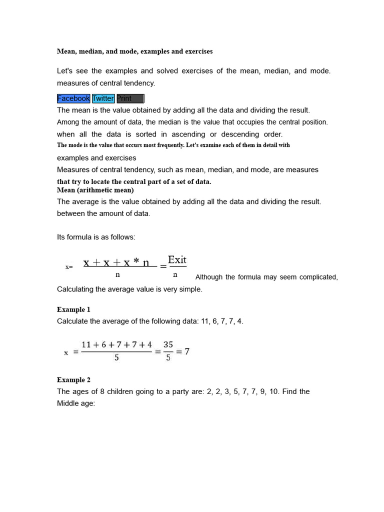 Mean, median, and mode, examples and exercises | PDF | Arithmetic Mean ...