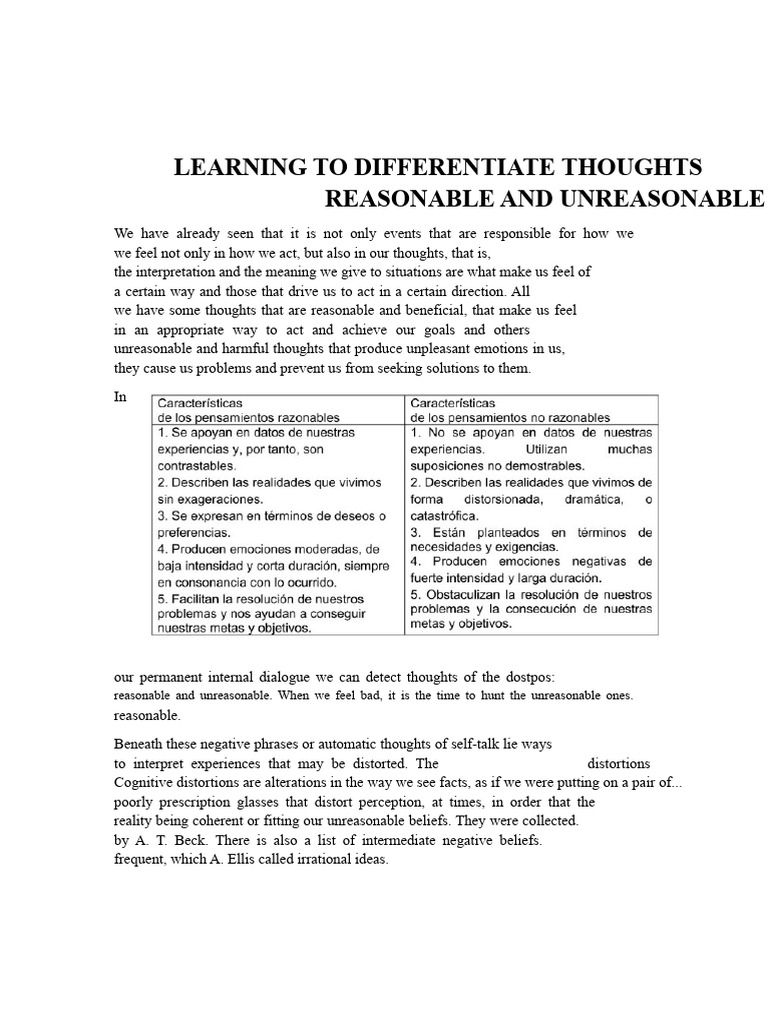 Distinguishing Reasonable vs. Unreasonable Thoughts | PDF | Thought ...