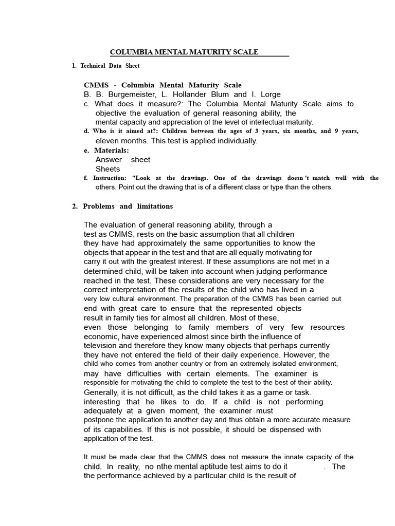 Columbia Mental Maturity Scale Overview | PDF | Intelligence | Cognition