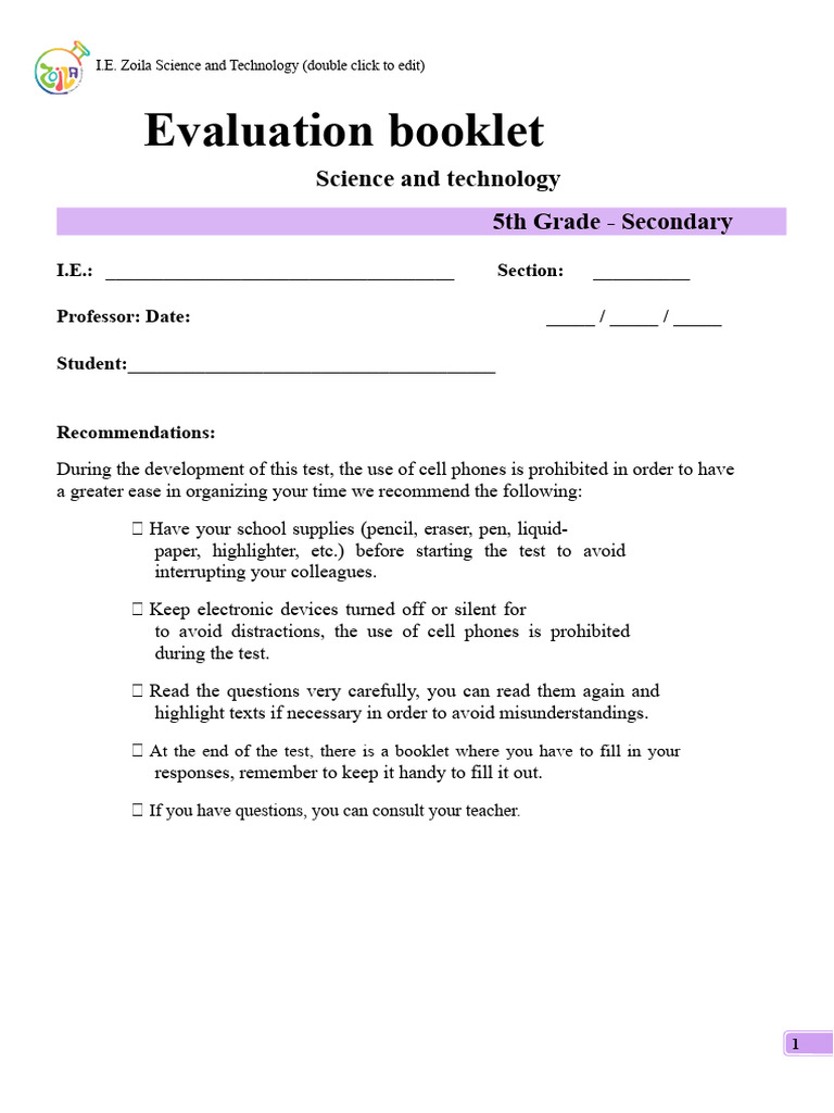 Evaluation Booklet 5th Grade - Science and Technology (With Answers ...