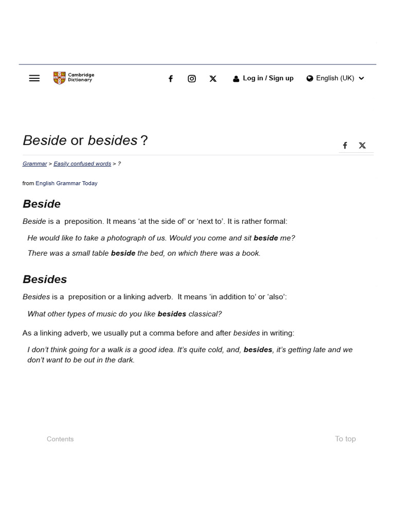 Beside or Besides - Grammar - Cambridge Dictionary | PDF