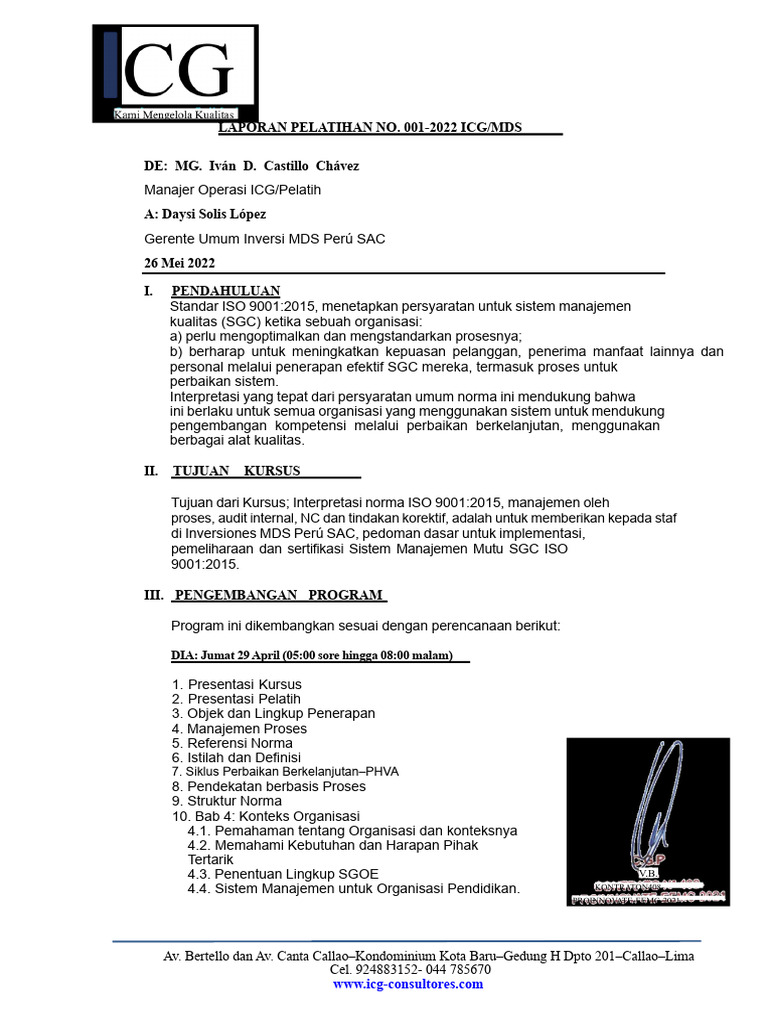 Pelatihan ISO 9001:2015 untuk MDS Perú | PDF