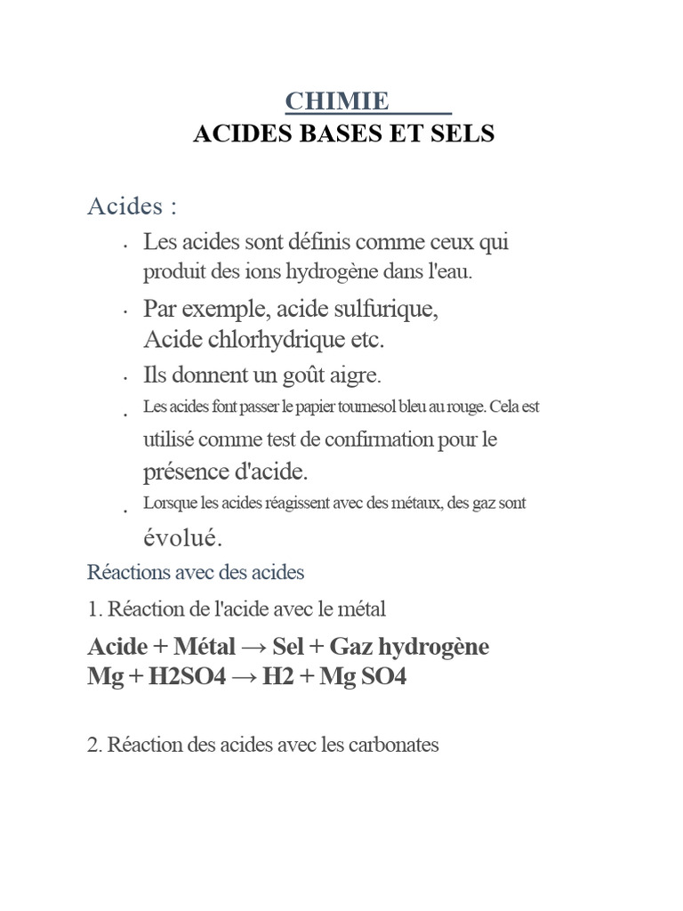 Acides, Bases et Sels en Chimie | PDF | Acide | Dissociation (chimie)