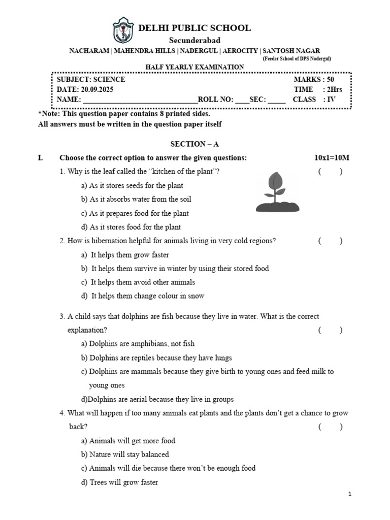 DPS Secunderabad Class IV Science Exam | PDF | Leaf | Tooth