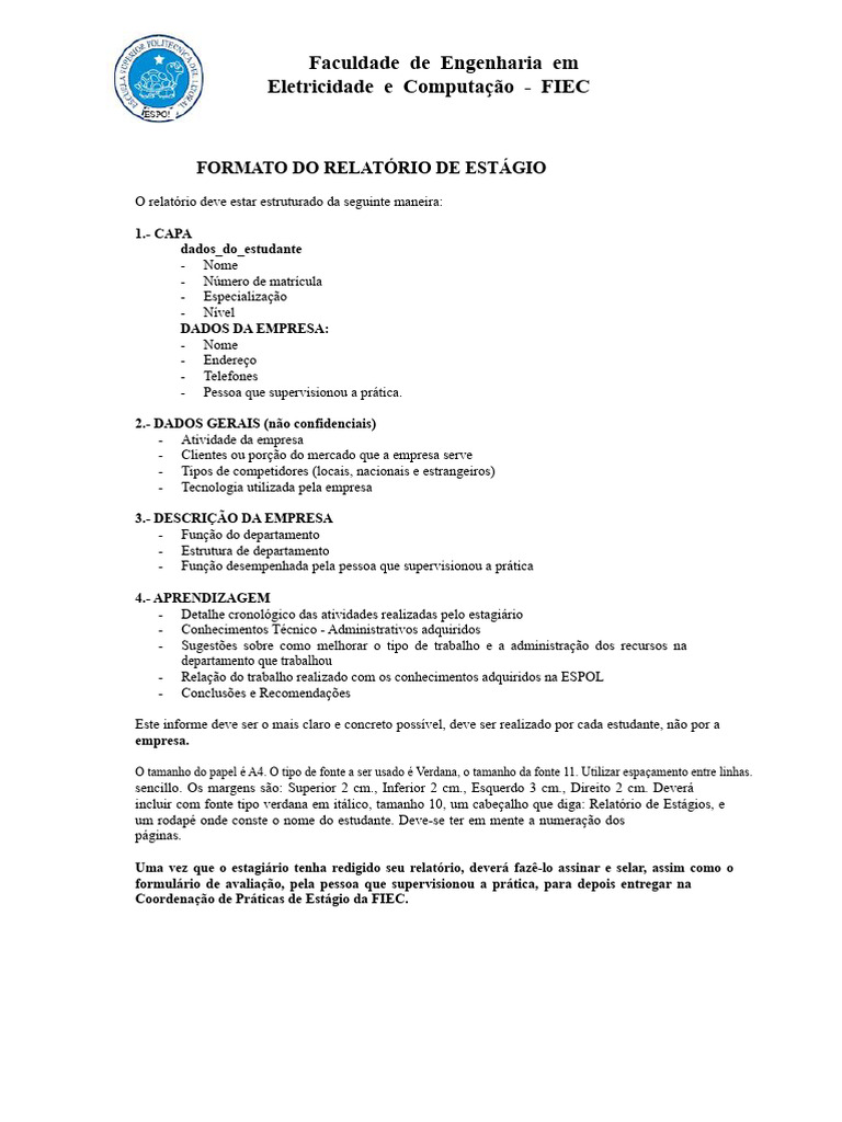 Formato do Relatório de Estágio FIEC | PDF