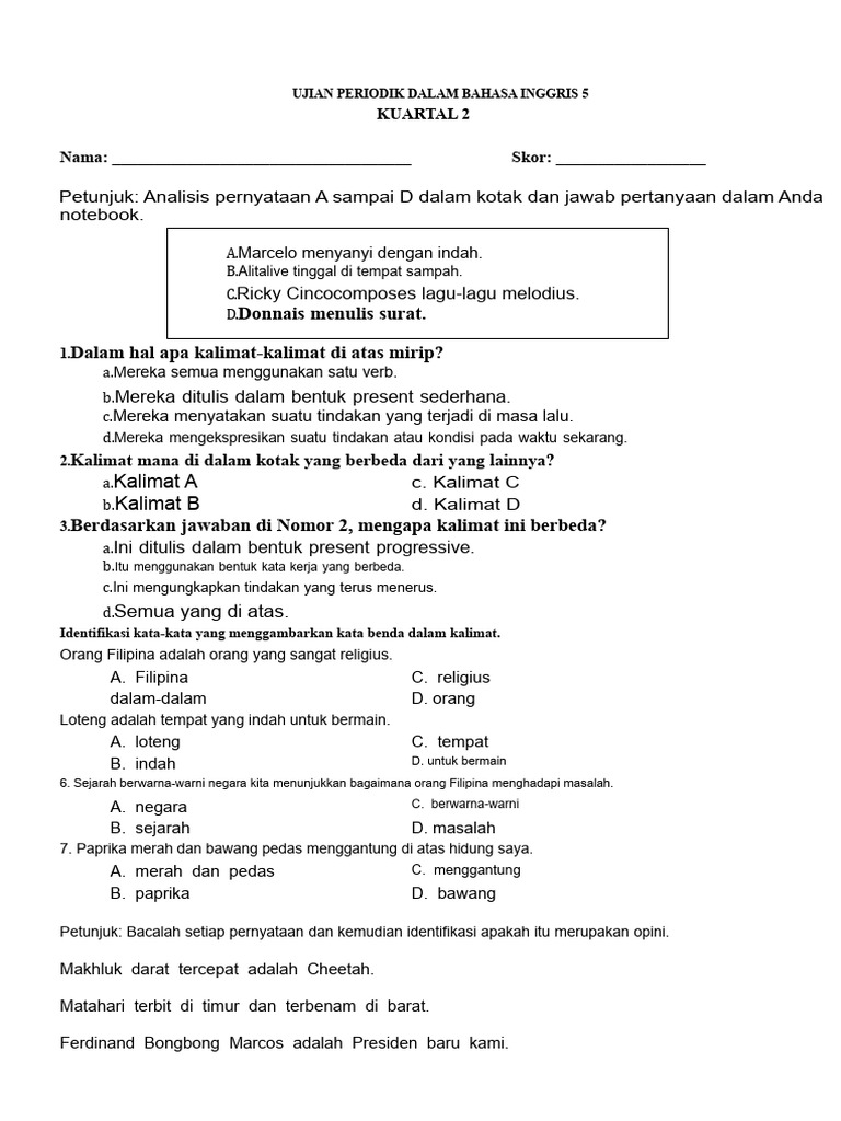 UJI PERIODE KUARTAL KE-2 ENG 5 - Diedit | PDF