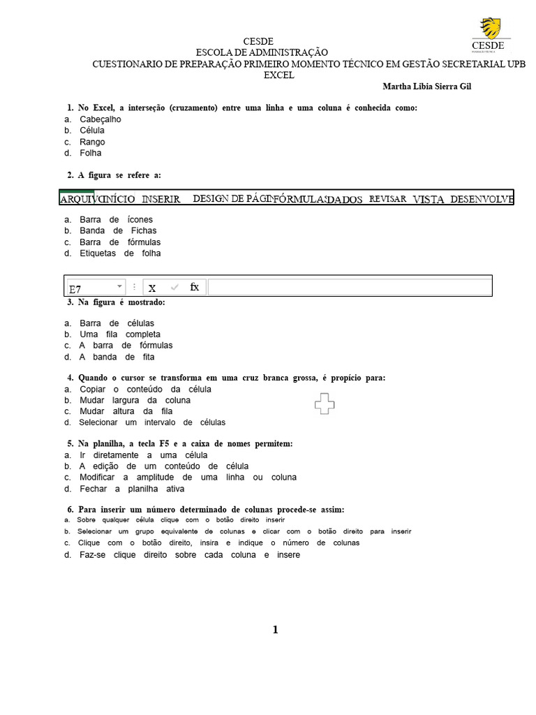 Questionário Preparatório Excel | PDF | Botão Ctrl | Microsoft Excel