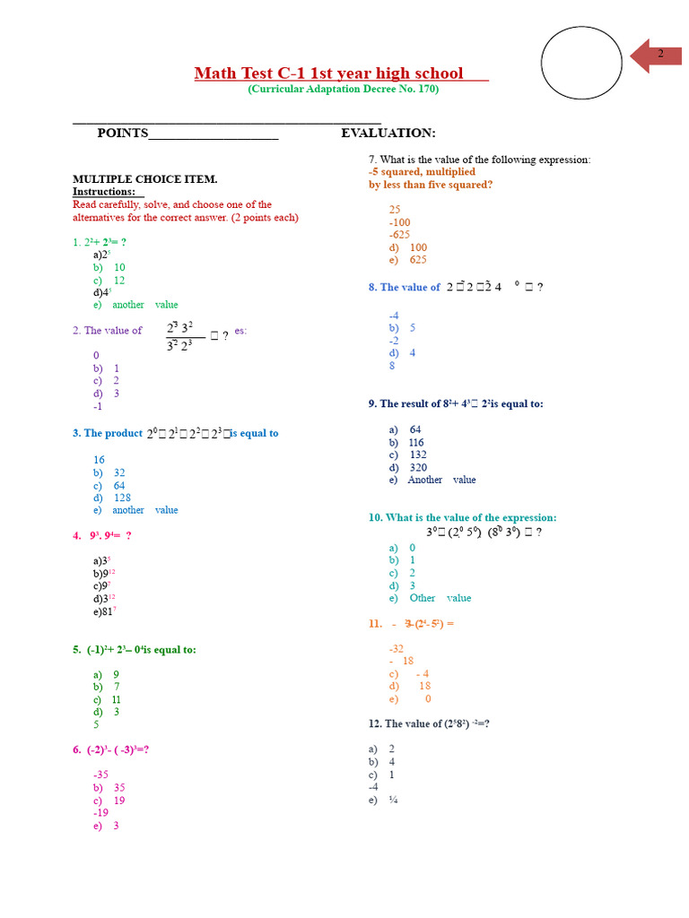 High School Math Test C-1 Questions | PDF | Multiple Choice | Mathematics