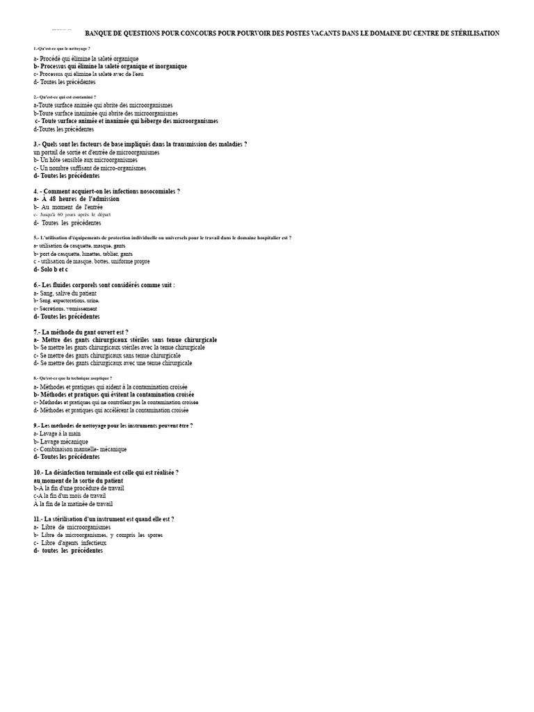 Questions pour concours en stérilisation | PDF | Stérilisation ...
