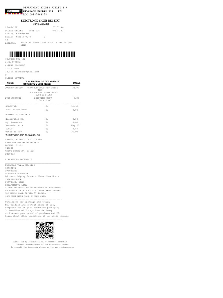 Ripley S.A. Electronic Sales Receipt | PDF
