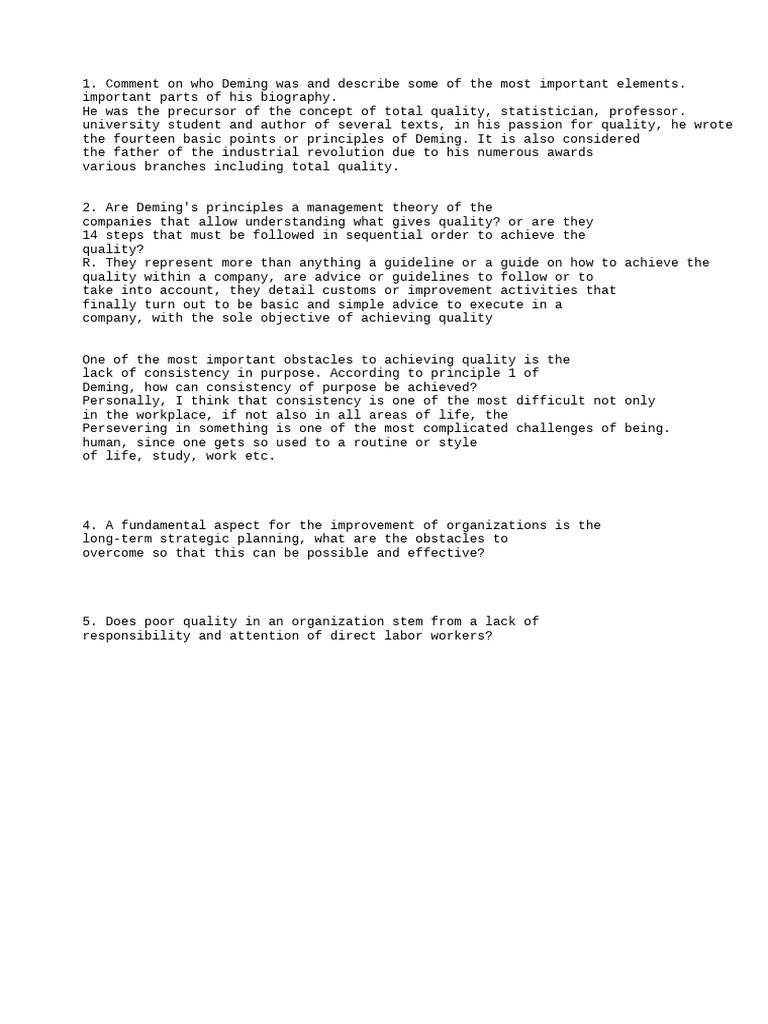 Comment On Who Deming Was and Describe Some of The Most Important ...