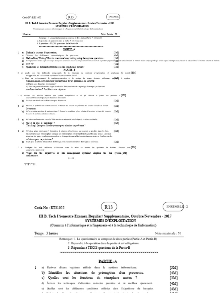 Examen Sur Le Système D'exploitation | PDF | Système d'exploitation | Thread (informatique)