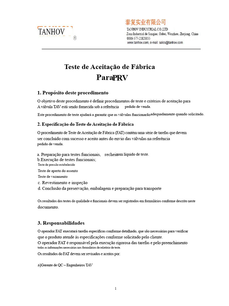 Teste de Aceitação de Fábrica para PRV | PDF | Válvula | Pressão