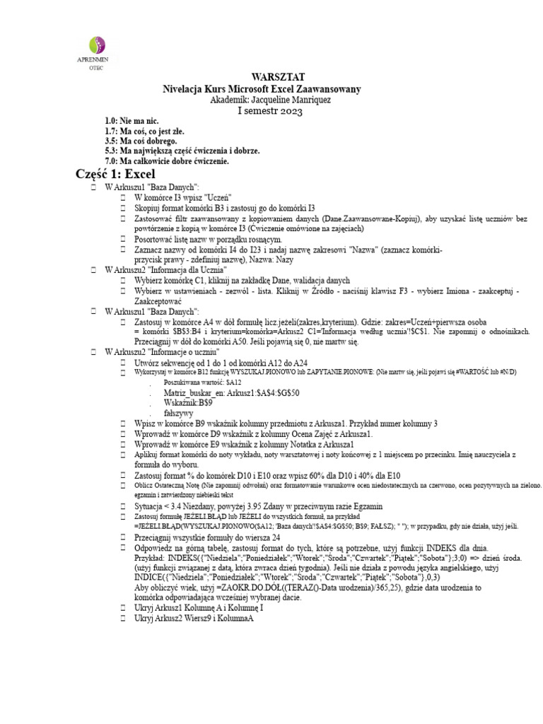 Zaawansowane Warsztaty Excel | PDF