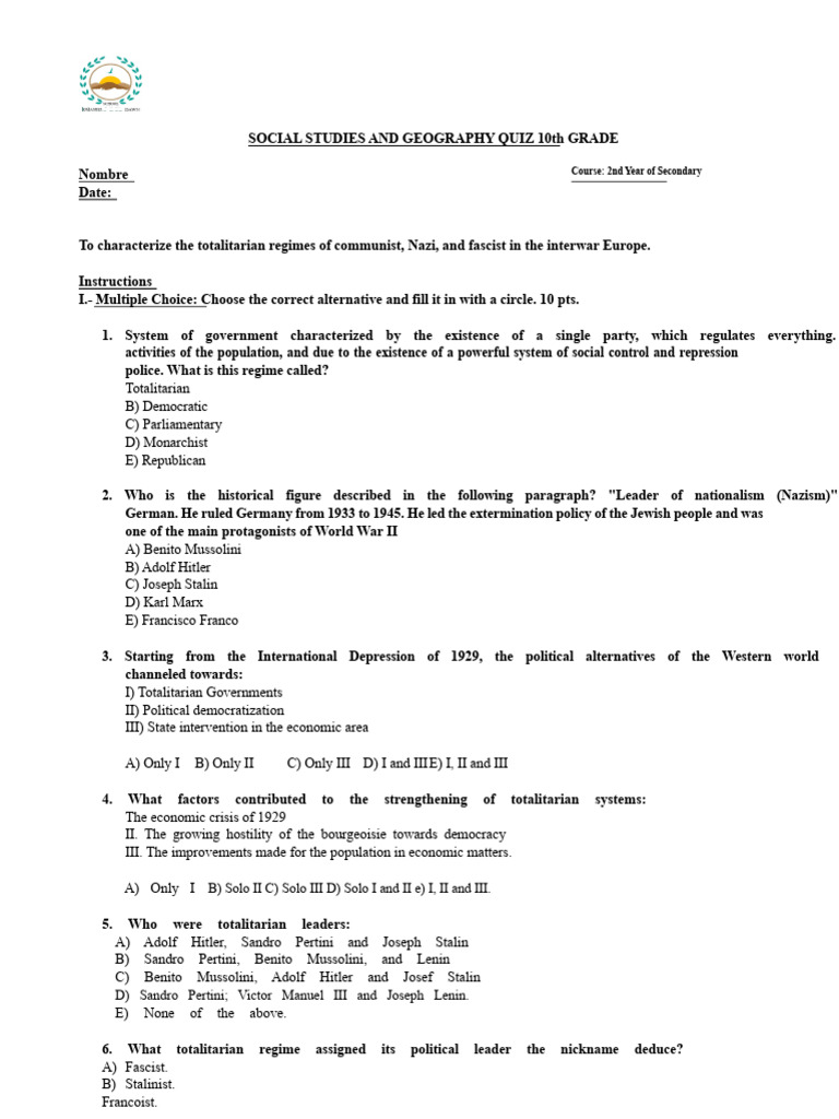 Quiz Second Year High School Totalitarianism | PDF | Totalitarianism ...