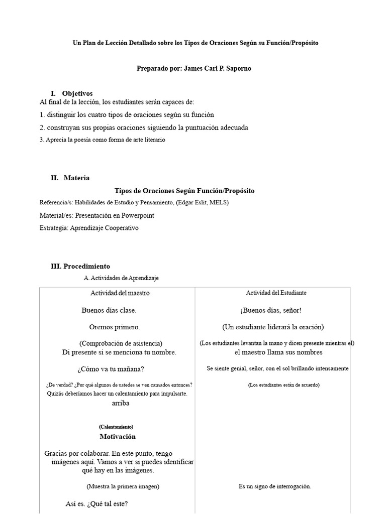 Plan de Lección - Tipos de Oraciones Según Su Función | PDF ...